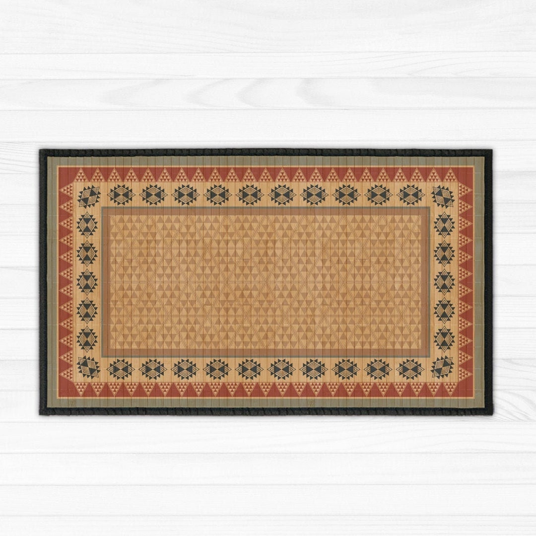 Red and Blue Bamboo Mat. Natural Bamboo Rug, With Geometric Design in ...