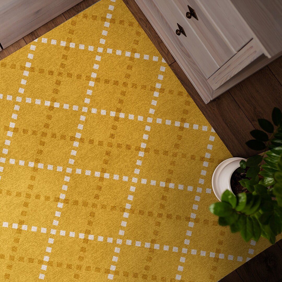 Yellow Geometric Modern Vinyl Floor Mat. Ikat Style Mat, Printed on PVC ...