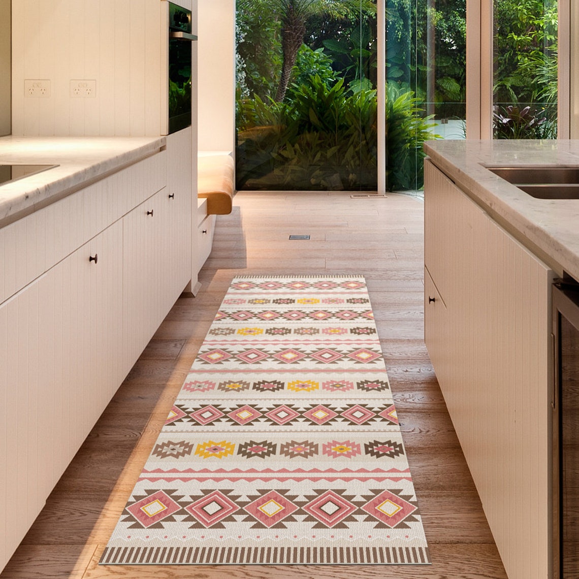 Runner Rug With Boho Design. Pastel Runner Mat in Pink Yellow | Etsy