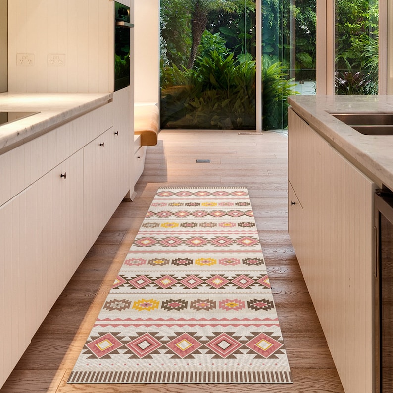 Runner Rug With Boho Design. Pastel Runner Mat in Pink, Yellow and ...