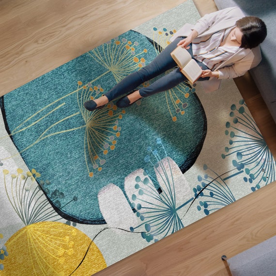 Turquoise Botanical Art Vinyl Floor Mat. Abstract Natural | Etsy