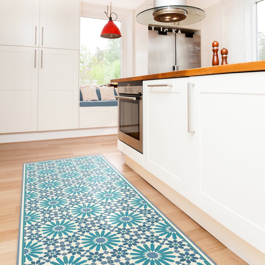 Blue and Turquoise Vinyl Kitchen Rug, With Moroccan Tiles Design ...