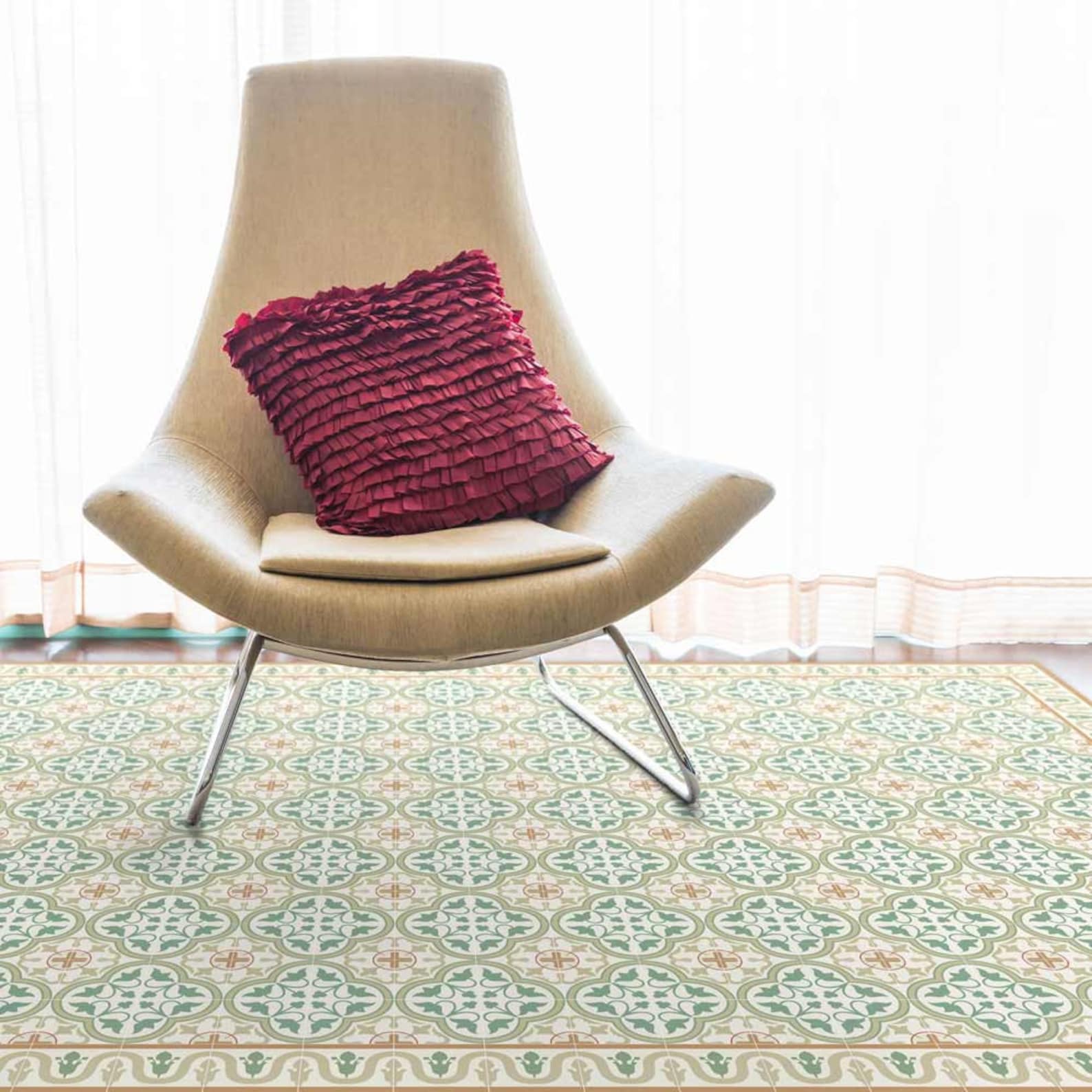 Linoleum Rug Printed With Green Tiles Pattern With Decorative - Etsy