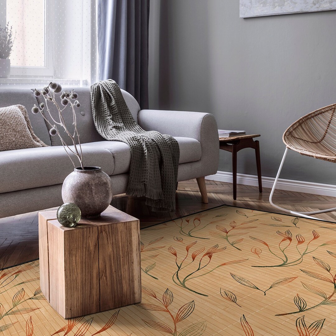 Bamboo Mat With Green and Dark Red Leaves Pattern. Natural Bamboo Rug ...