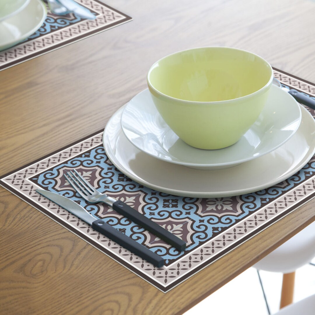 Blue Placemat Set, Vinyl Table Placemat With Classic Tile Design ...