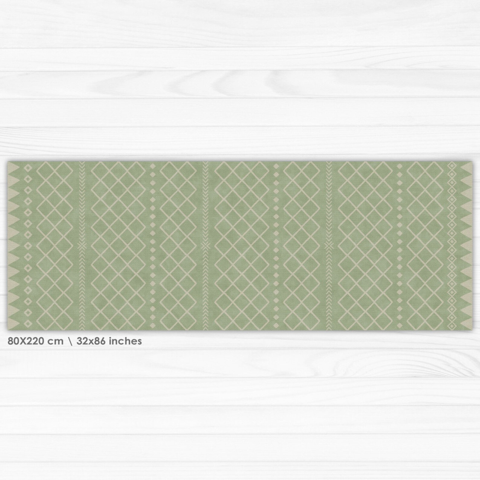 Green Runner Rug With Geometric Design in Beige. Kitchen Runner Rug ...