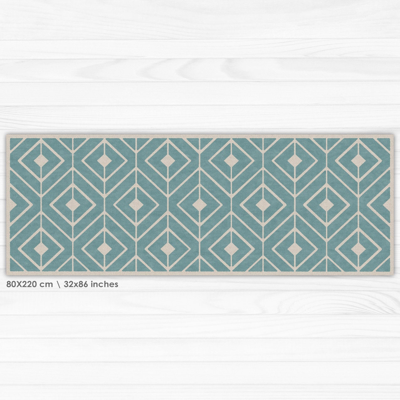 Turquoise Runner Rug. Vinyl Floor Runner With Geometric Design. Home ...
