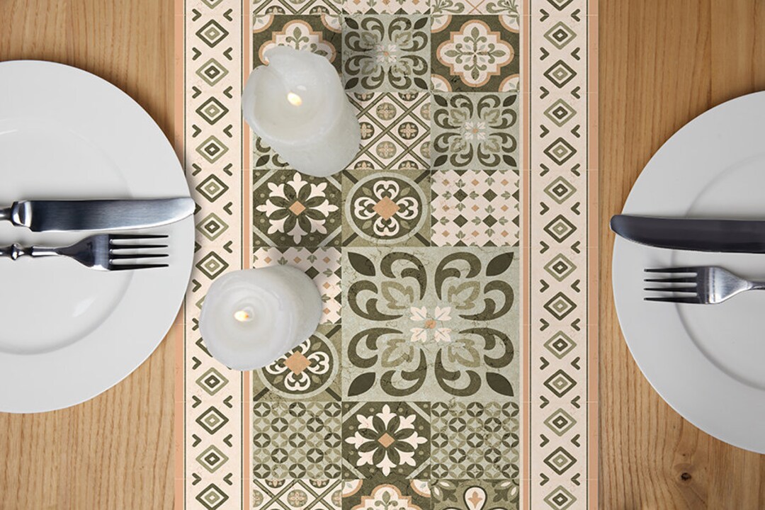 NEW - Green Vinyl Table Runner With Eclectic Tiles. Pvc Runner, Printed ...