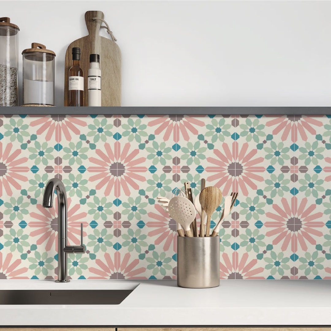 Moroccan Tiles Design in Pink and Green , Mosaic Self Adhesive Tile ...