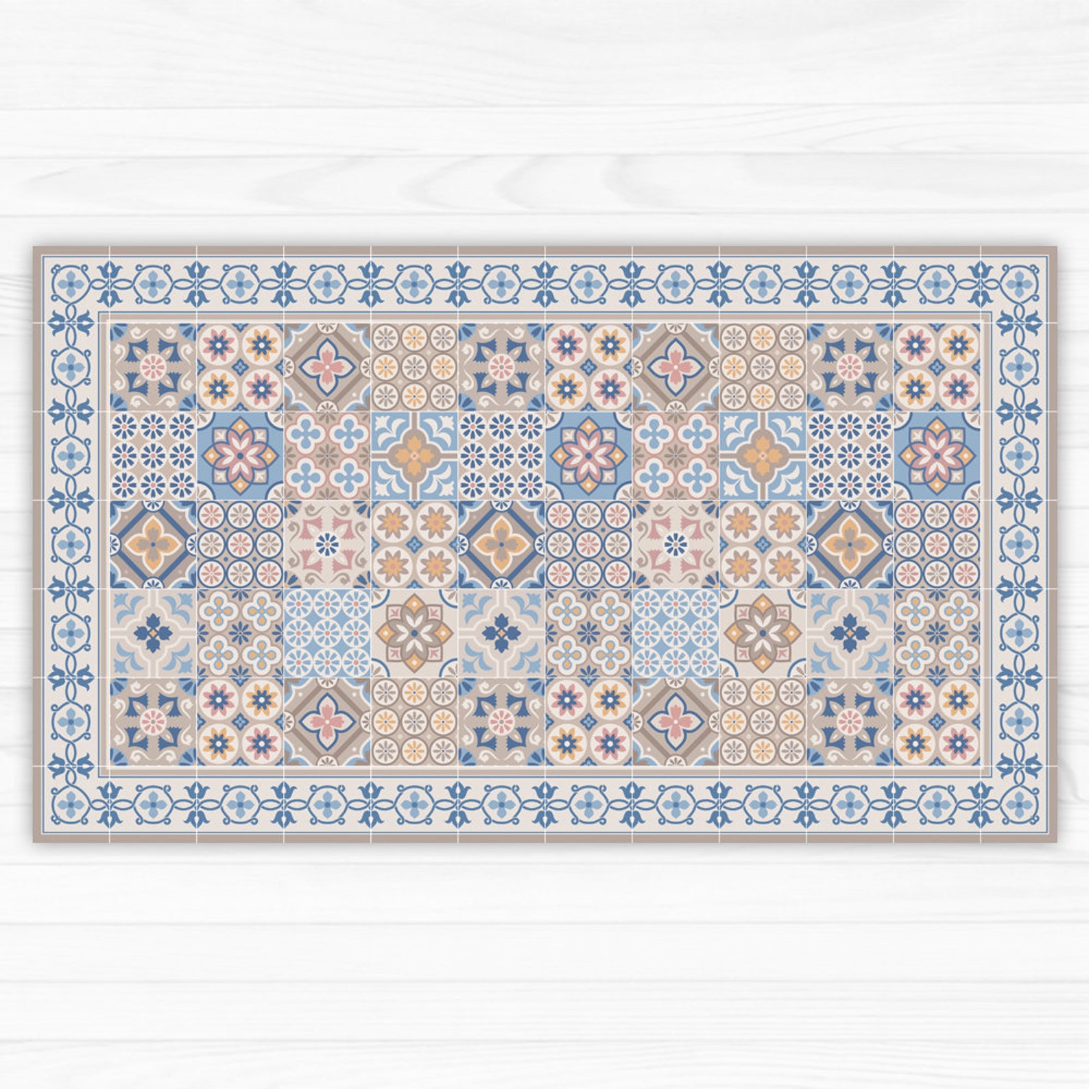 NEW Blue Vinyl Floor Mat With Eclectic Tiles. Blue Pvc Rug | Etsy