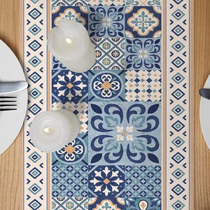 NEW - Blue Vinyl Table Runner With Eclectic Tiles. Pvc Runner, Printed ...