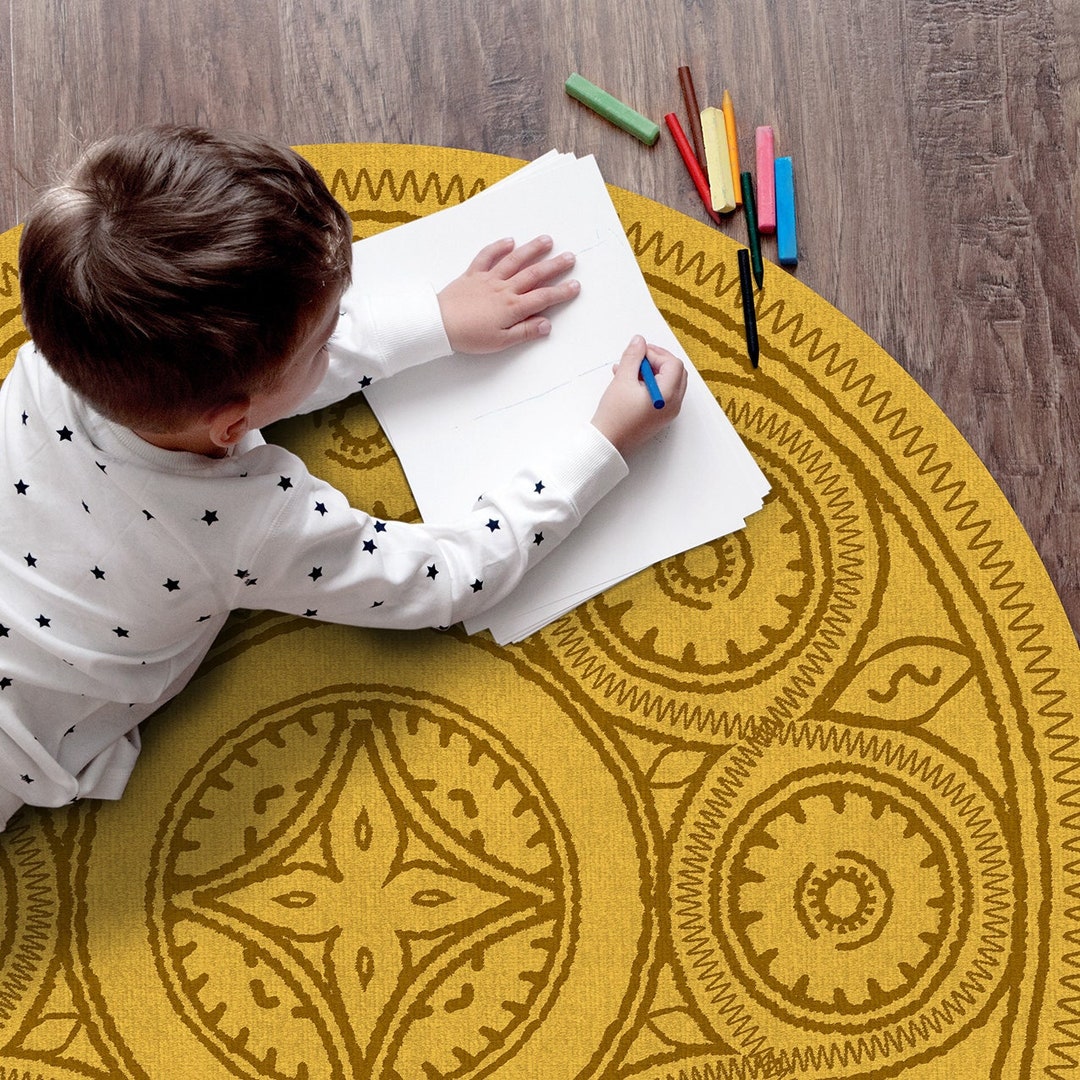 Round Vinyl Floor Mat: Yellow Brown Geometric Area Rug - Etsy