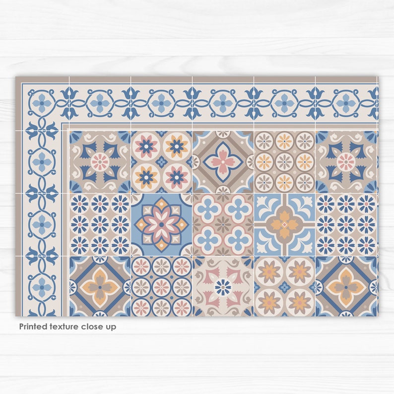 NEW - Blue Vinyl Floor Mat With Eclectic Tiles. Blue Pvc Rug, Printed ...