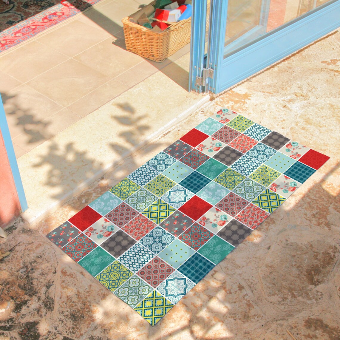 Carpet With Mixed Tile Pattern PVC Mat in Green Red Yellow - Etsy