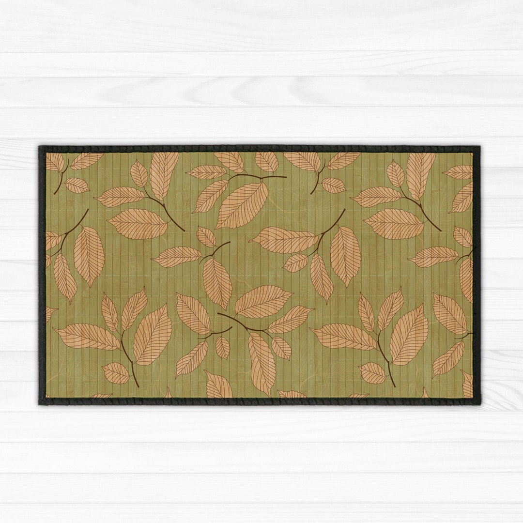 Green Bamboo Mat With Leaves Pattern in Brown. Natural Bamboo Rug With ...