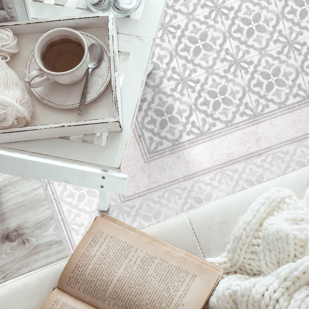 NEW - White Vinyl Floor Mat With Eclectic Tiles. Beige PVC Rug, Elegant ...