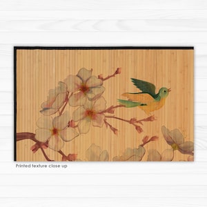 Printed Bamboo Mat, Area Rug - Oriental Print of Bird on Branch, Plum ...