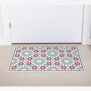 Vinyl Floor Mat With Moroccan Tiles in Blue and Red. Kitchen Rug With ...
