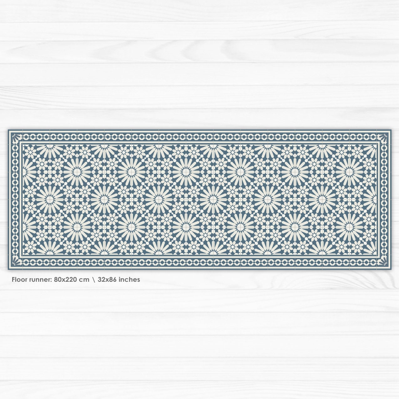 Vinyl Runner Rug or Hallway Runner With Moroccan Tiles Design in Blue ...