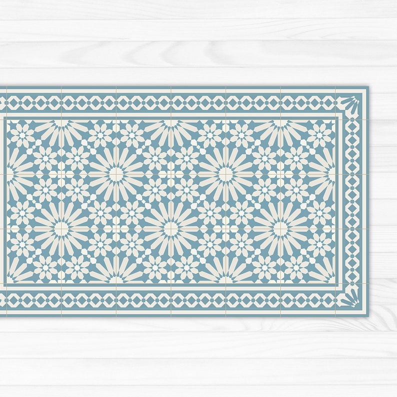 Light Blue Vinyl Floor Mat With Moroccan Tiles Design. - Etsy Canada