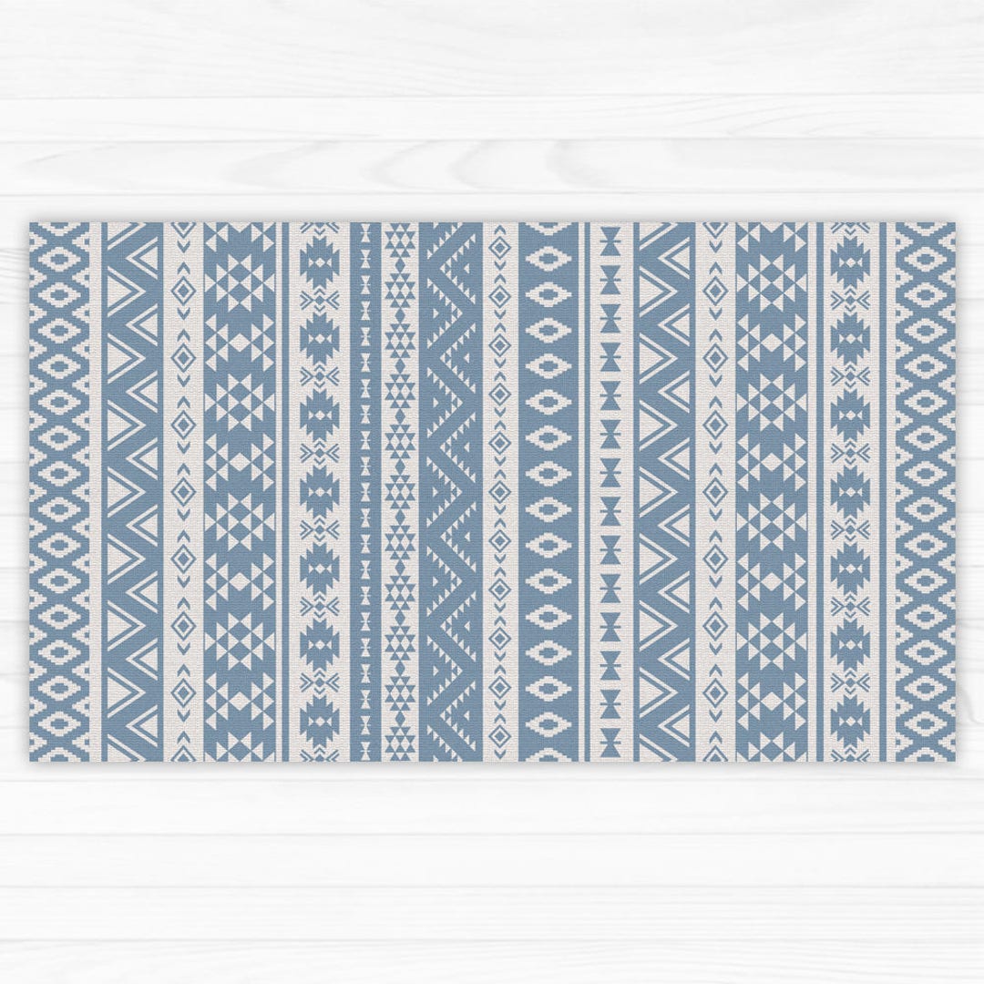 Blue Vinyl Floor Mat With Ethnic Pattern. Graphic Blue and White PVC ...