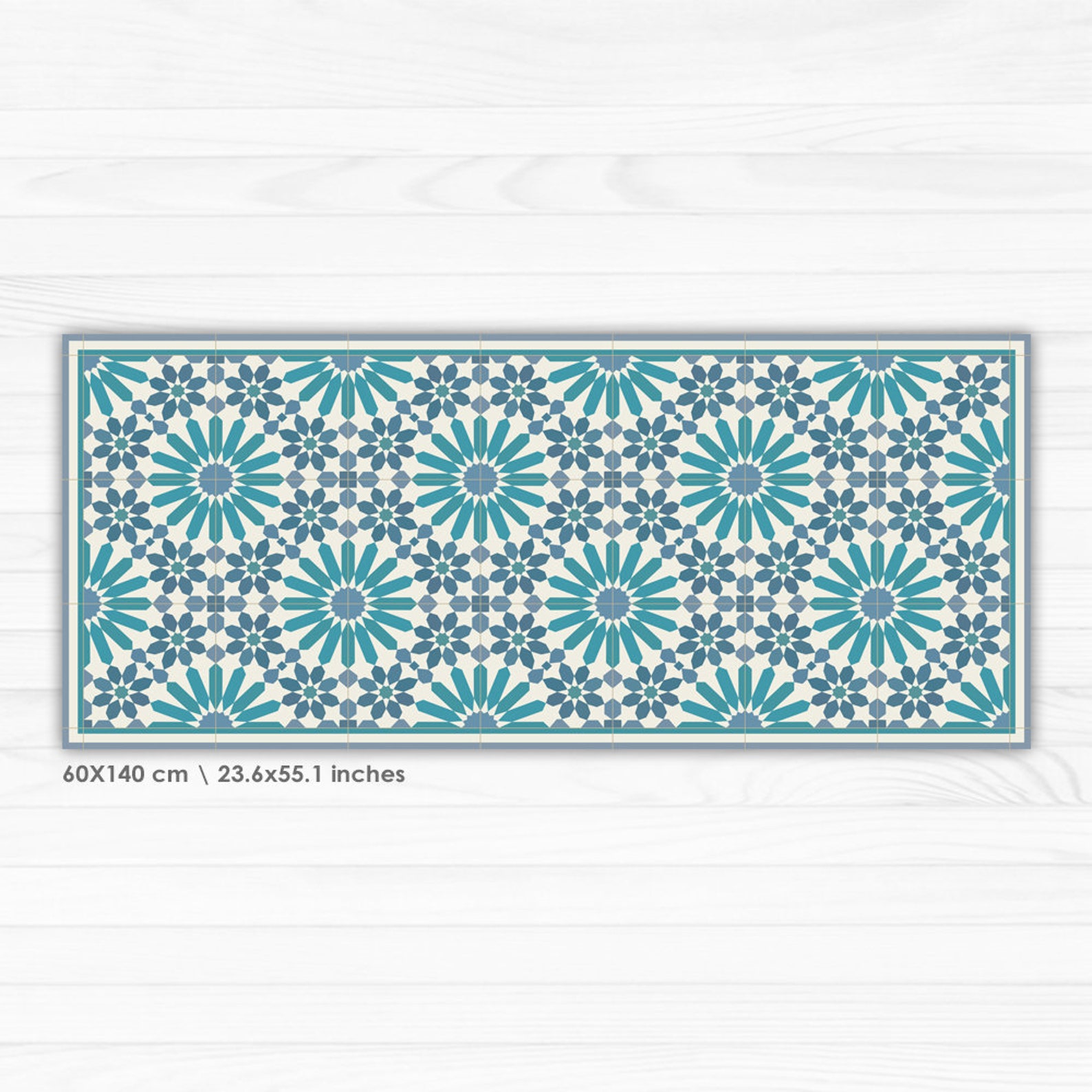 Blue and Turquoise Vinyl Kitchen Rug With Moroccan Tiles | Etsy