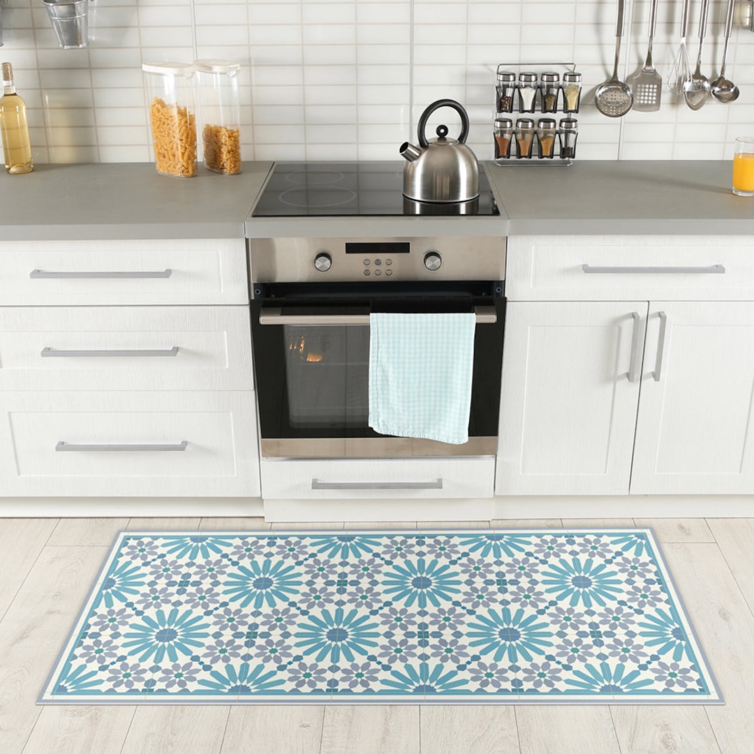 Light Blue and Grey Vinyl Floor Mat With Moroccan Tiles Design. Highly ...