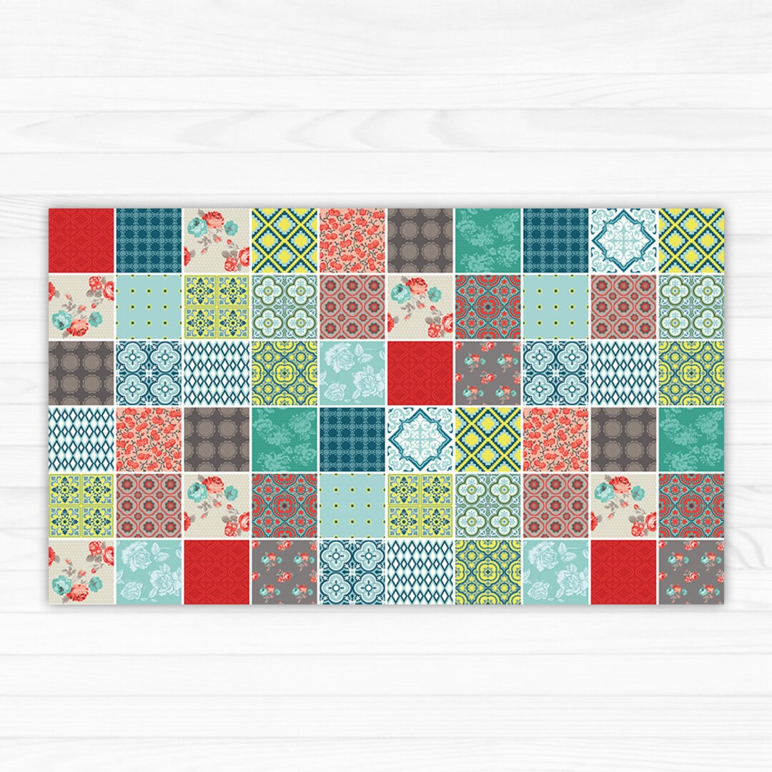 Carpet With Mixed Tile Pattern, PVC Mat in Green, Red, Yellow and ...
