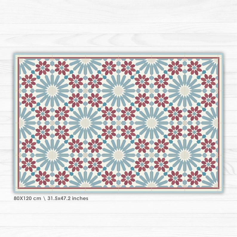 Vinyl Floor Mat With Moroccan Tiles in Blue and Red. Kitchen Rug With ...