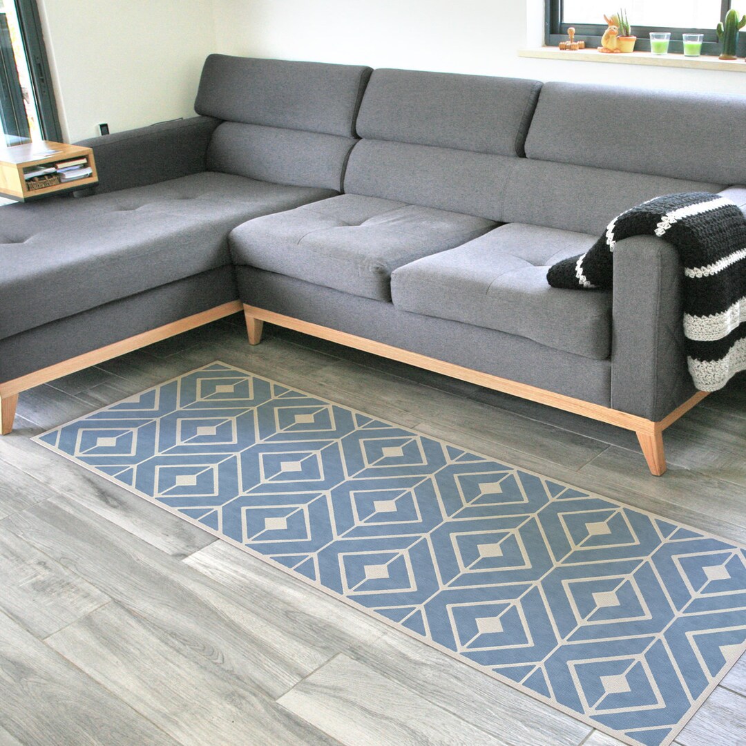 Blue Runner Rug. Vinyl Floor Runner With Geometric Design. Home Decor ...