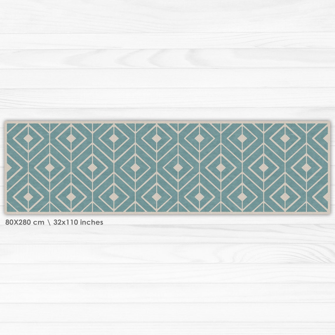 Turquoise Runner Rug. Vinyl Floor Runner With Geometric Design. Home ...