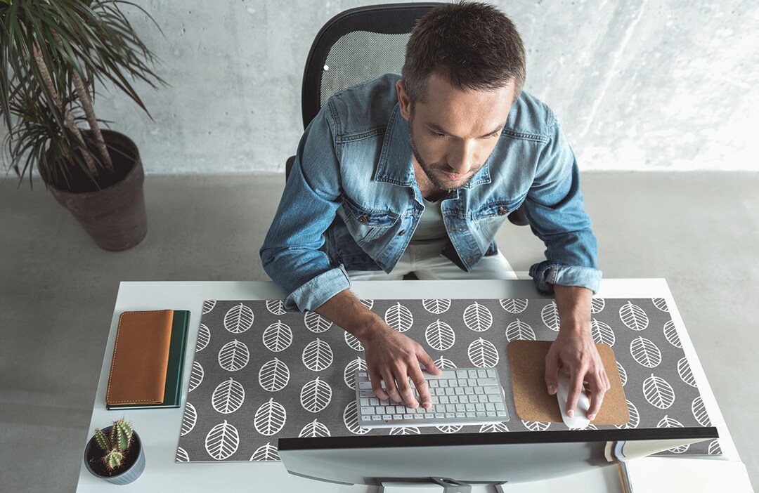 Vinyl Desk Mat: Grey Botanical Leaves, Trendy Desk Protector - Etsy