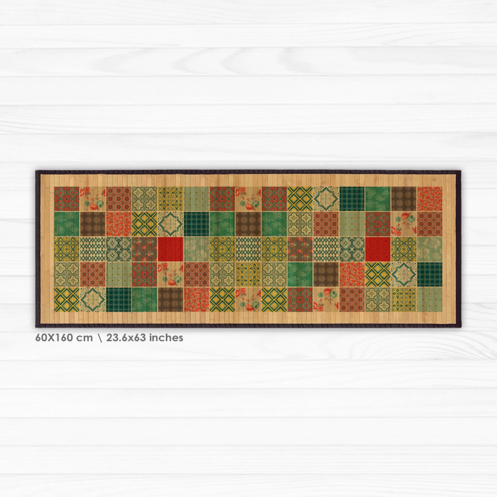 Printed Bamboo Rug Patchwork Design in Green Red and - Etsy