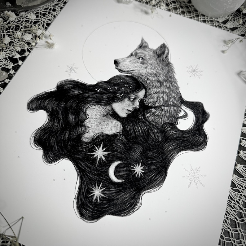 Wolf Moon - Fine Art Print - Witch & Wolf Familiar - Full Moon - Pagan ...
