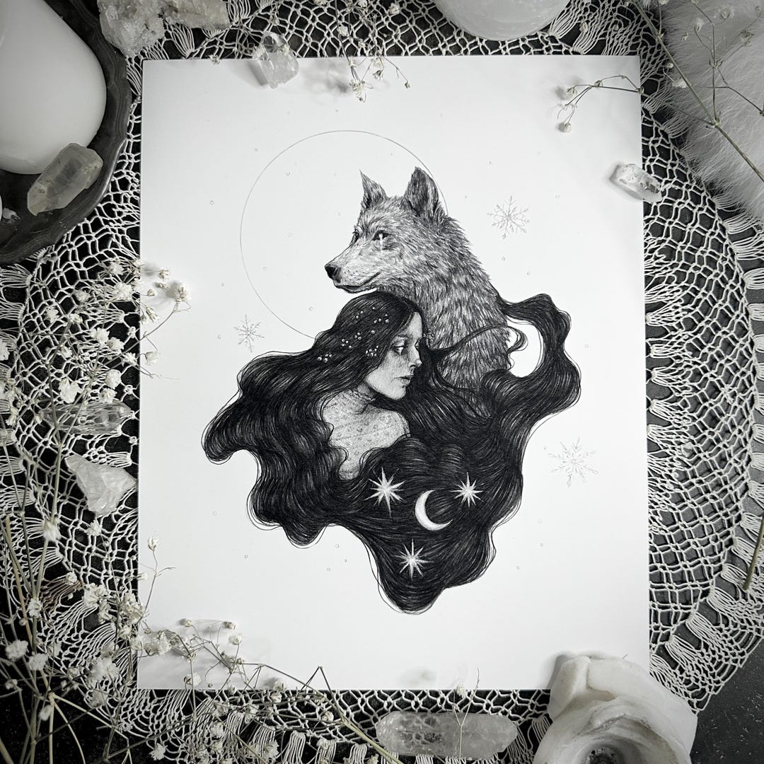 Wolf Moon - Fine Art Print - Witch & Wolf Familiar - Full Moon - Pagan ...