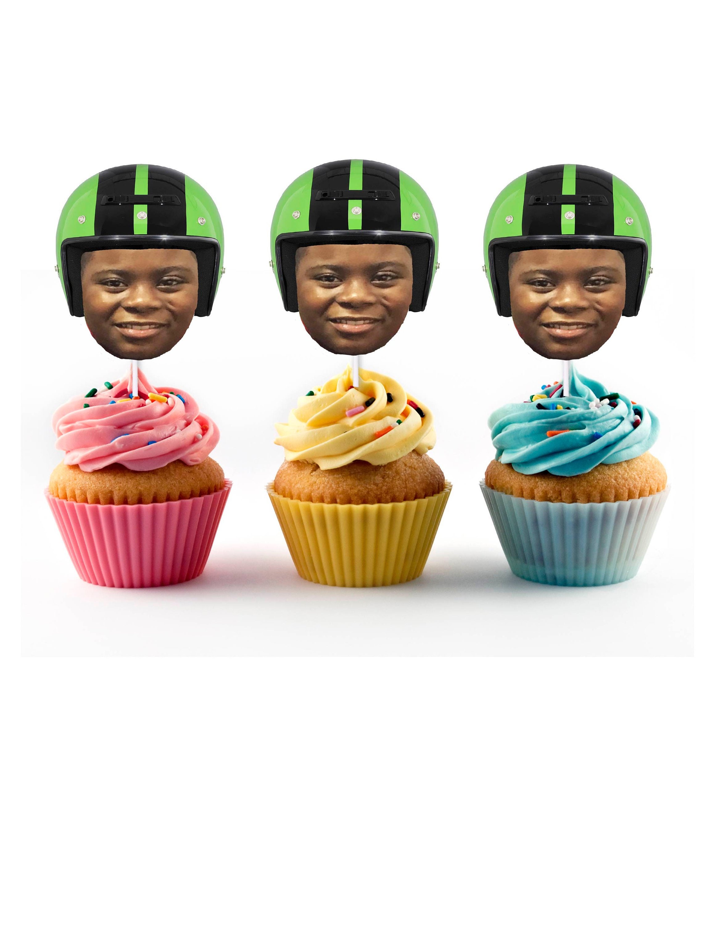 Race Car Cupcake Toppers With Custom Face Photo and Black and Green ...