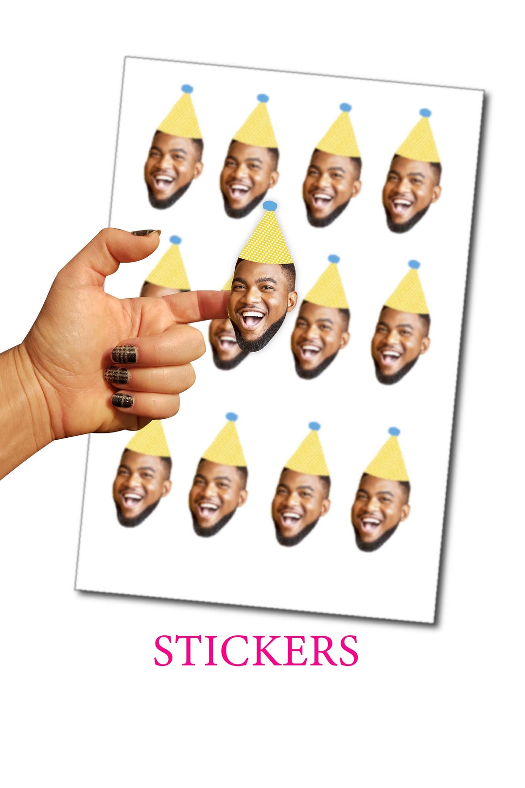 Custom Face Stickers (12 Count) With Blue and Yellow Party Hat- Party ...
