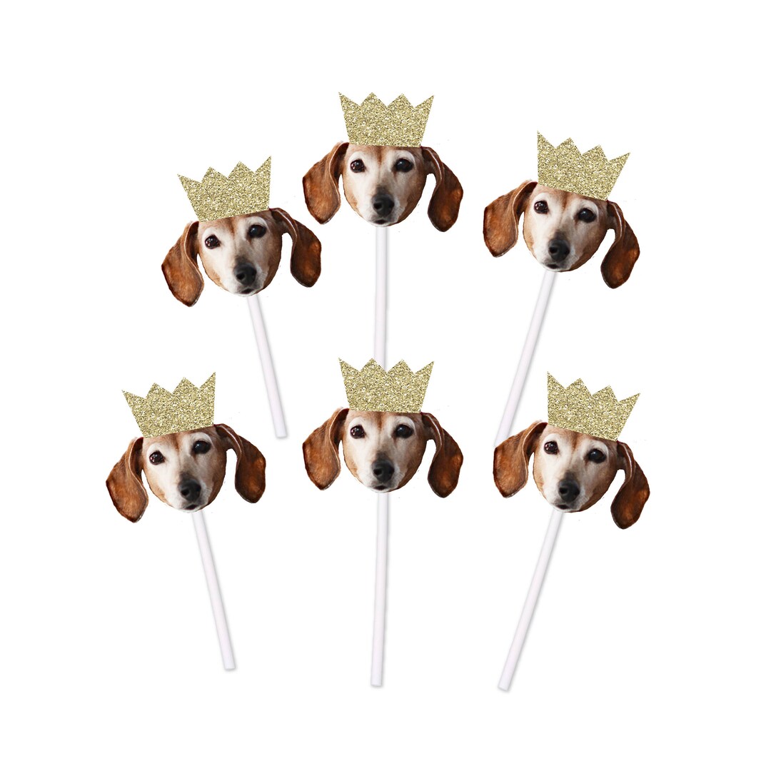 Dog Birthday Cupcake Toppers With Face and Gold Glitter Crown - Pet Cat ...