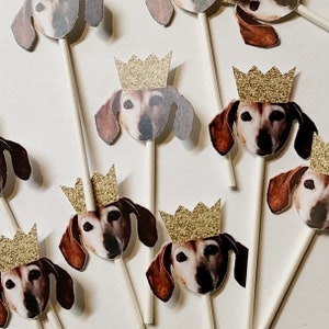 Dog Birthday Cupcake Toppers With Face and Gold Glitter Crown - Pet Cat ...