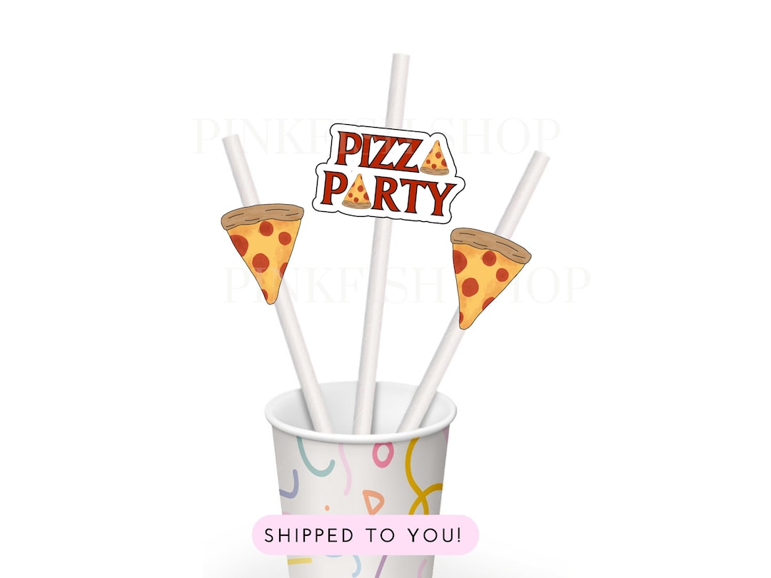 Pizza Party Straw Flags and Paper Straws, Chef Hat, Pepperoni Pizza ...