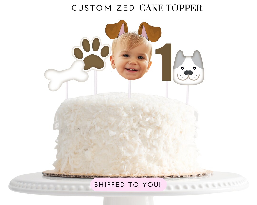 Dog Cake Toppers With Photo and Dog Ears - Puppy Party, Let's Pawty ...