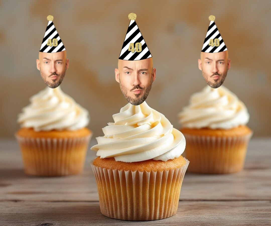 40th Birthday Cupcake Toppers With Photo and Birthday Hat | Fortieth ...
