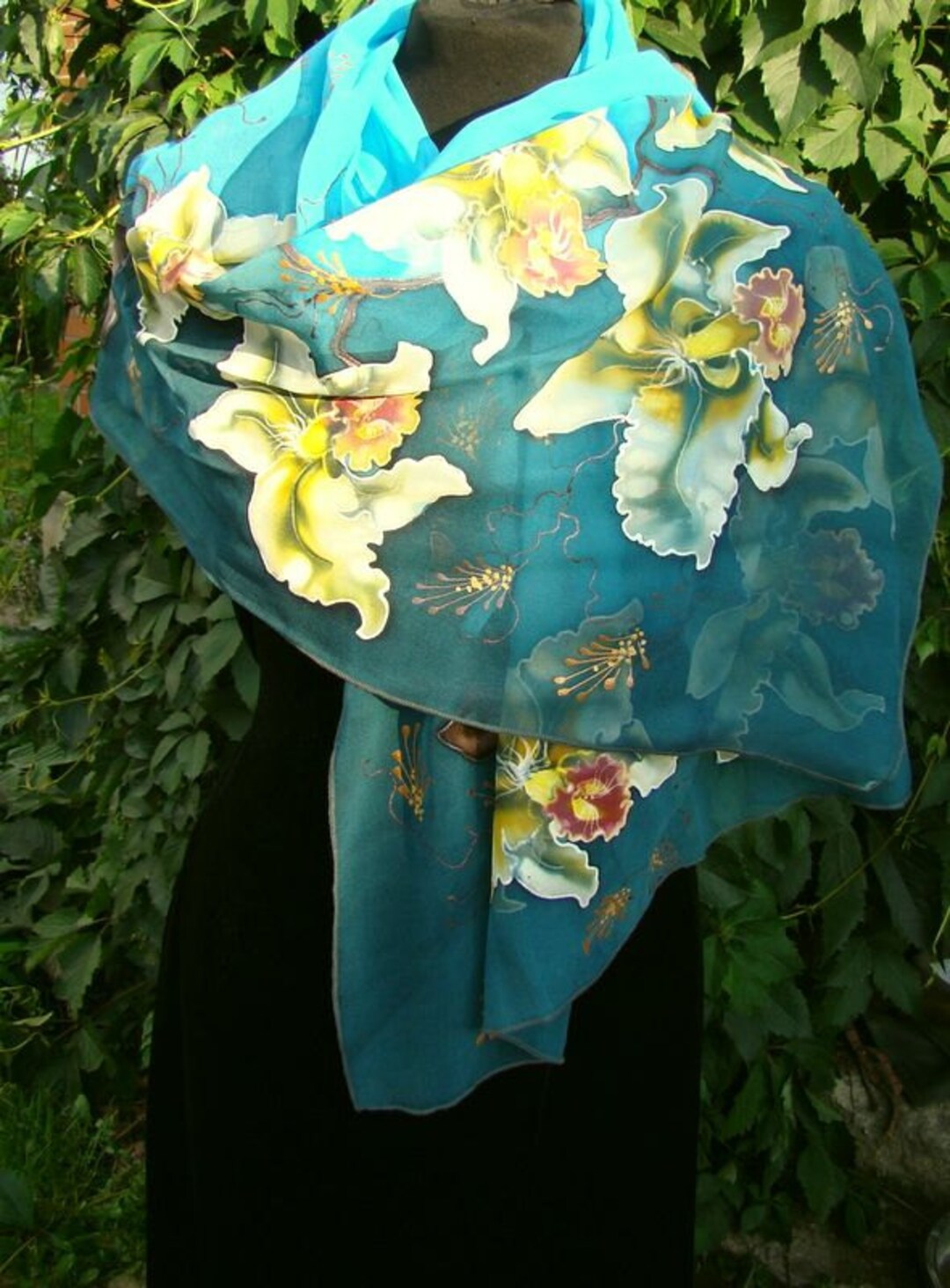 Scarf.natural Silk Scarf - Floral, Orchid Flowers Blue-turquoise,a Hand ...