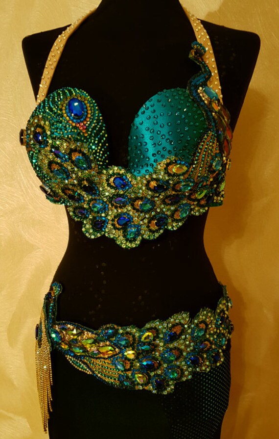 Belly Dance Costume Peacock Teal Golden Emerald Professional Etsy