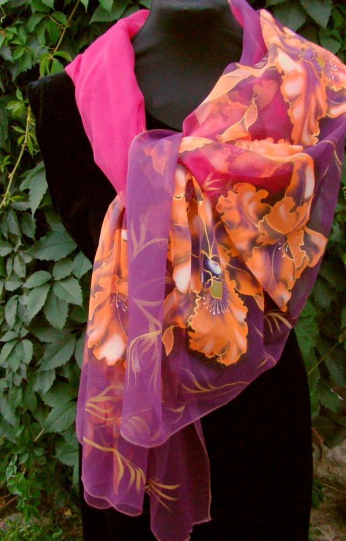 Scarf.natural Silk Scarf - Floral, Crimson Orchid Flower a Hand ...