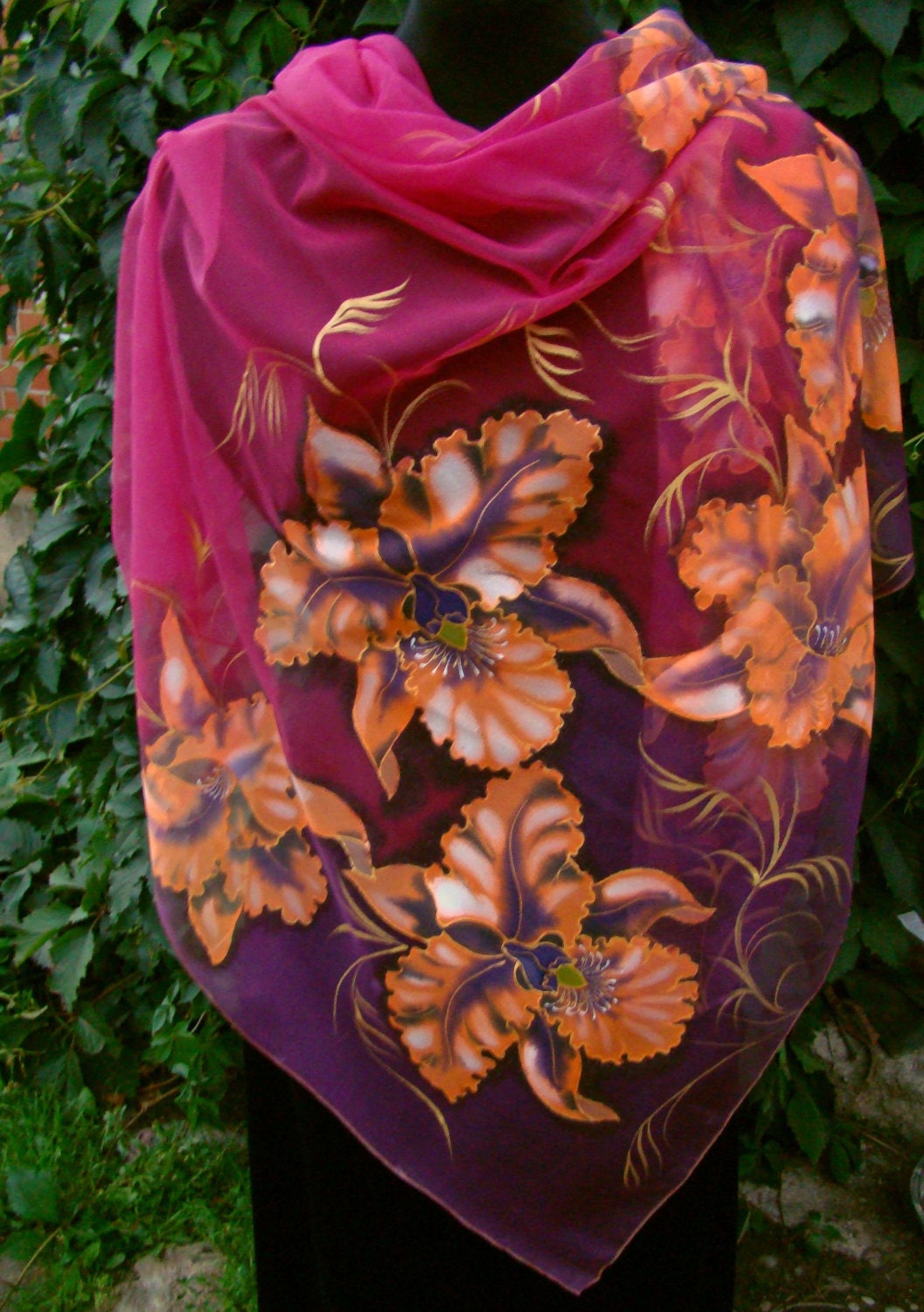 Scarf.natural Silk Scarf - Floral, Crimson Orchid Flower a Hand ...