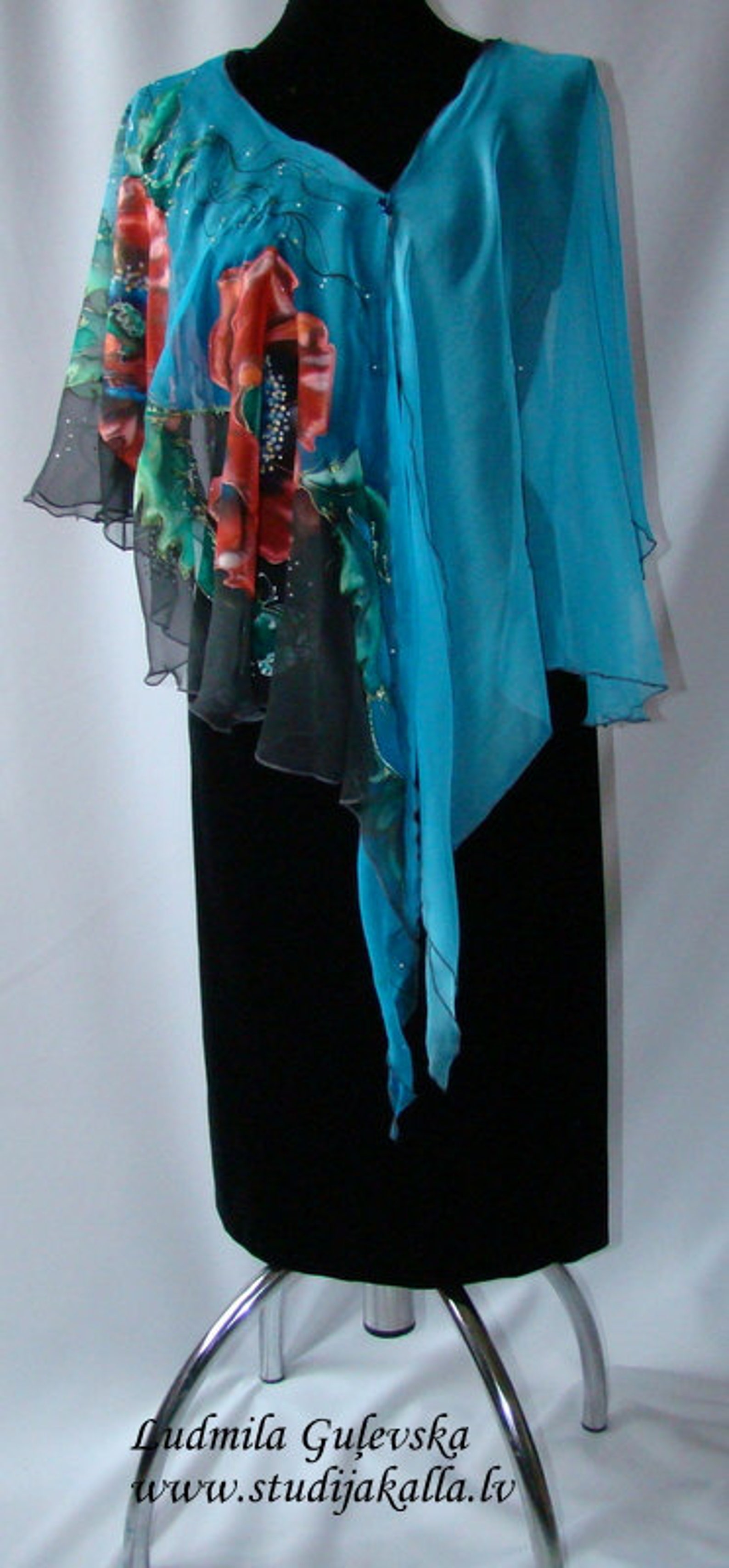 Poncho.natural Silk Double Poncho - Wrap, Ocean Blue Floral Hand ...
