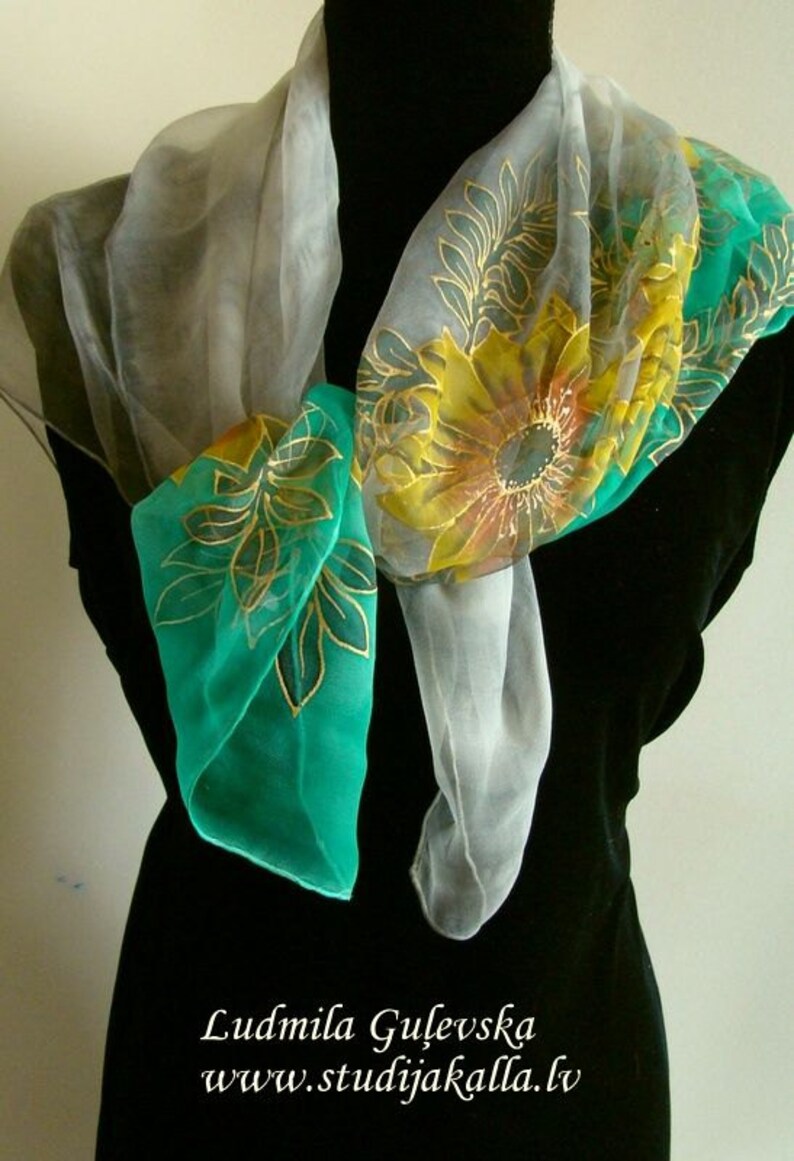 Shawl.natural Silk Hand Painted Shawl, Grey - Springgreen Floral Shawl ...