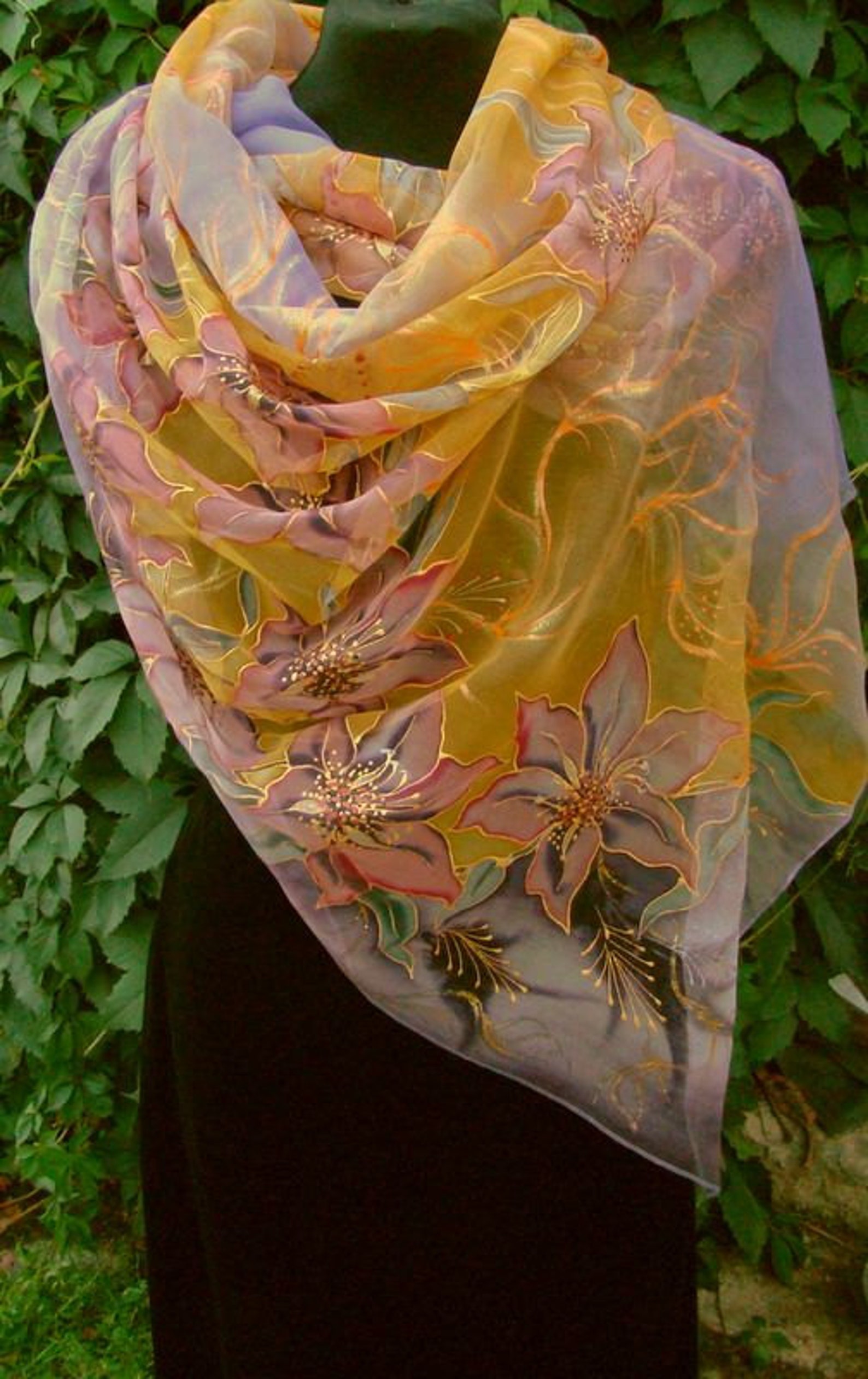 Scarf.natural Silk Scarf - Floral, Lily Violet-orange a Hand- Painted ...
