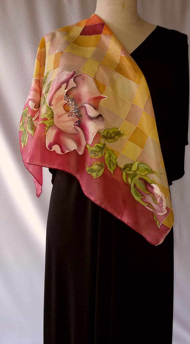 Shawl.natural Silk Hand Painted Shawl, Orange - Yellow,burgundy Floral ...